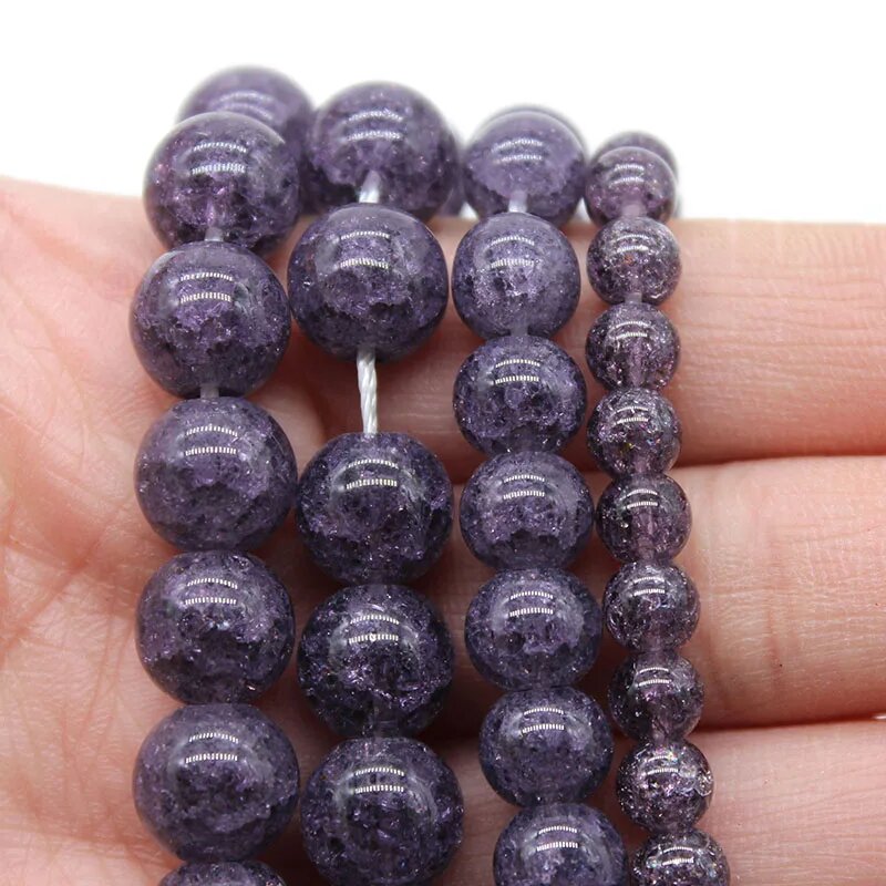 Natural Purple Cracked Crystal Stone Charm Loose Round Beads For Jewelry Making DIY Bracelet Needlework Strand 6/8/10/12 MM