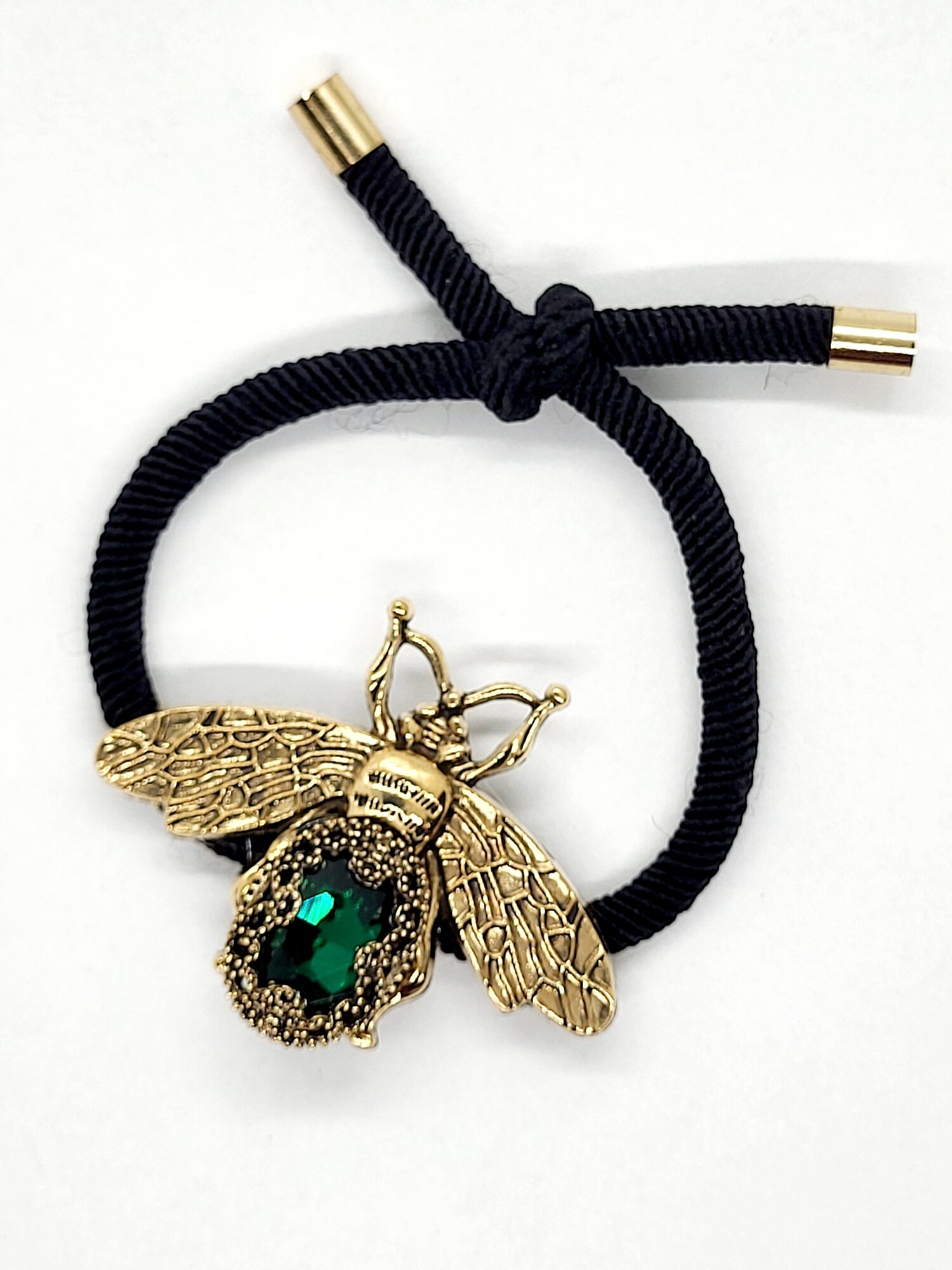 "Стильная винтажная резинка для волос с пчелкой и зеленым кристаллом от бренда VERBA