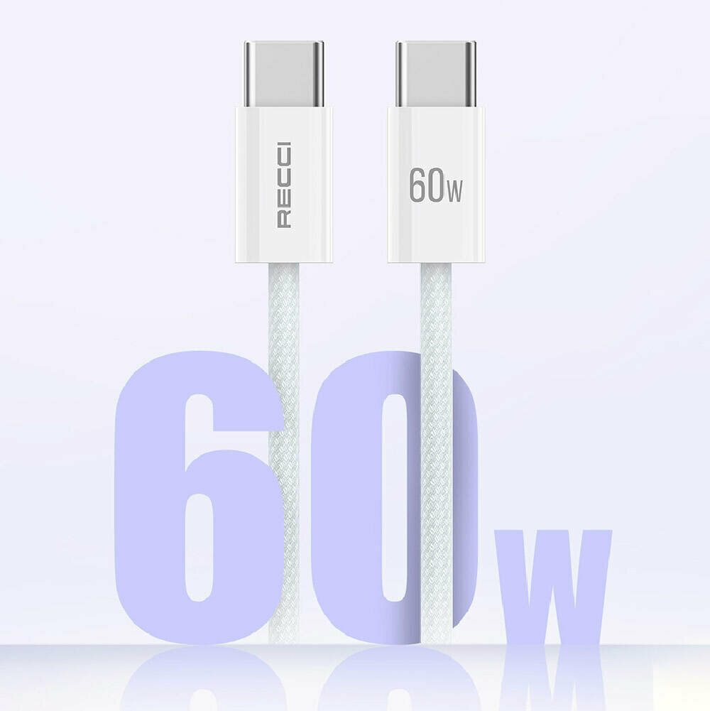 Кабель для быстрой зарядки и передачи данных Recci Nature PD2.0 60W, Type-C to Type-C, 20V/3A, 2 метра, Белый