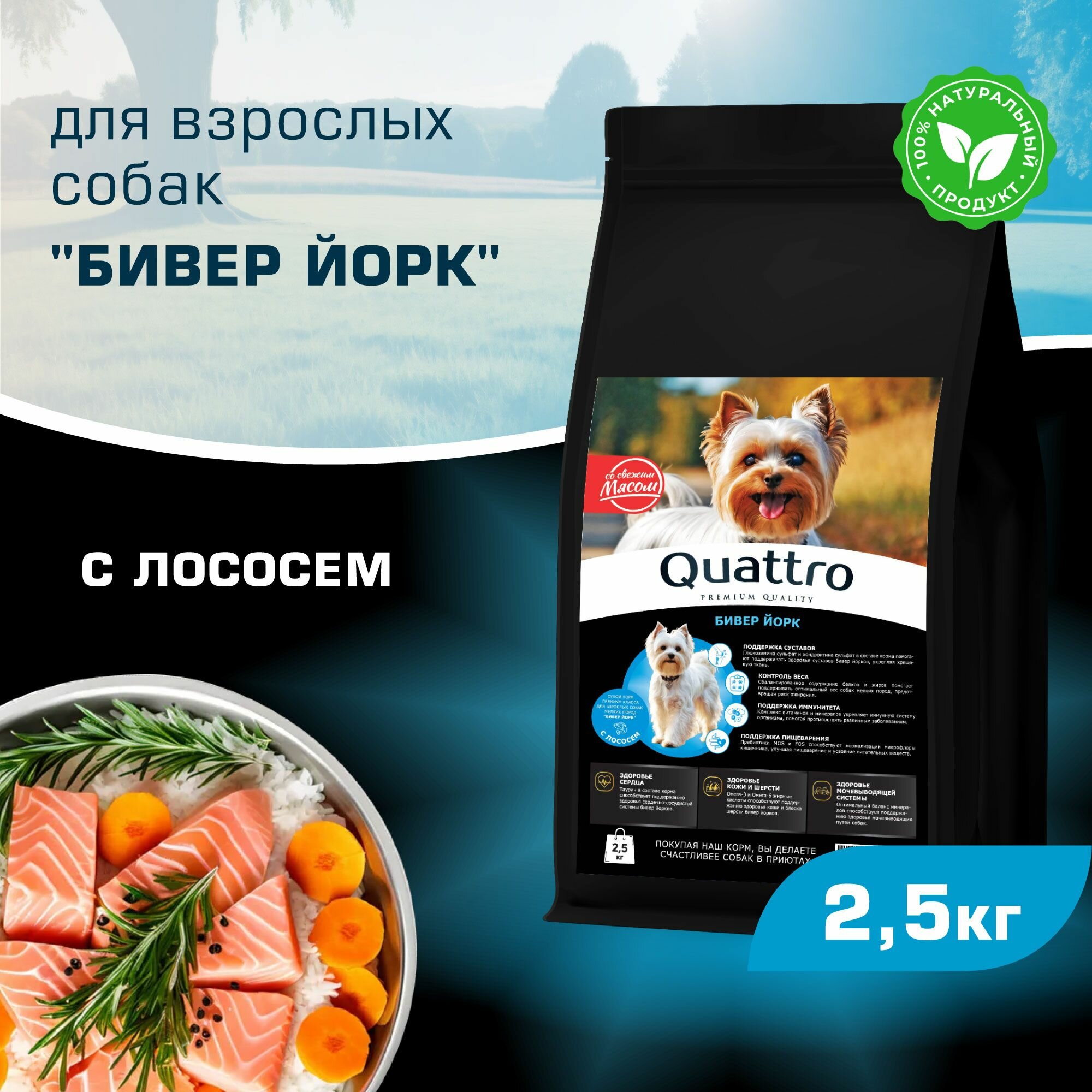 Quattro корм для взрослых собак породы Бивер Йорк, с лососем 2,5 кг