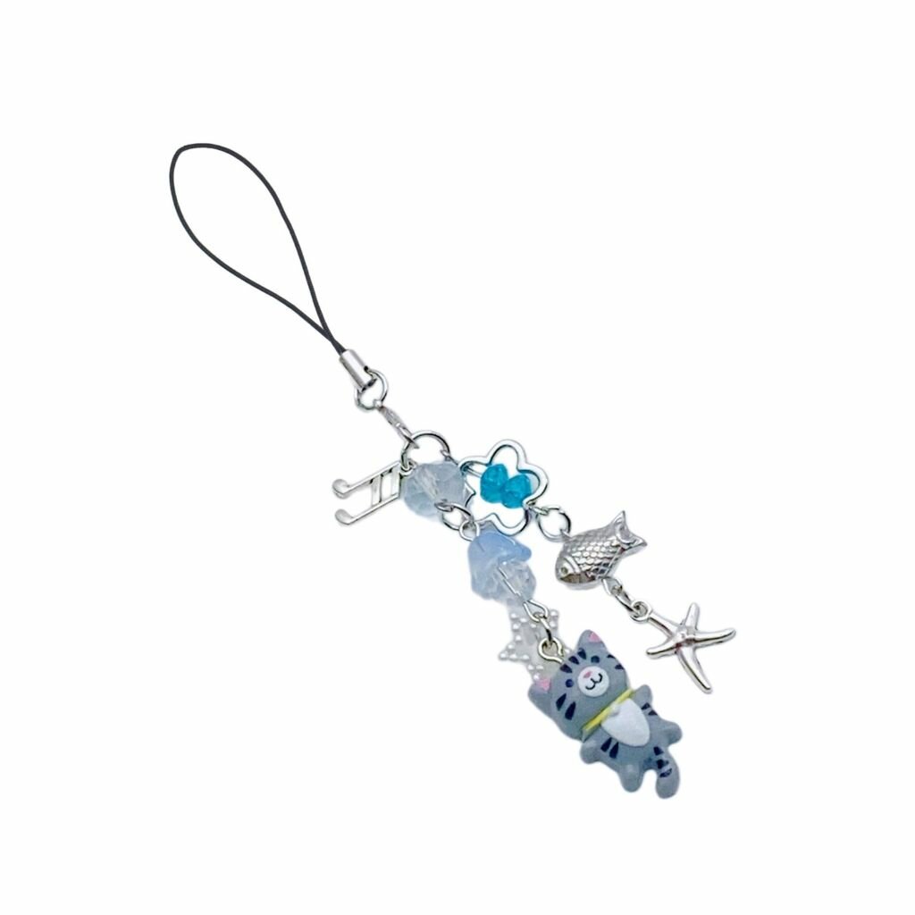 Котенок из бисера пара подружек на цепочке для мобильного телефона брелок-серый