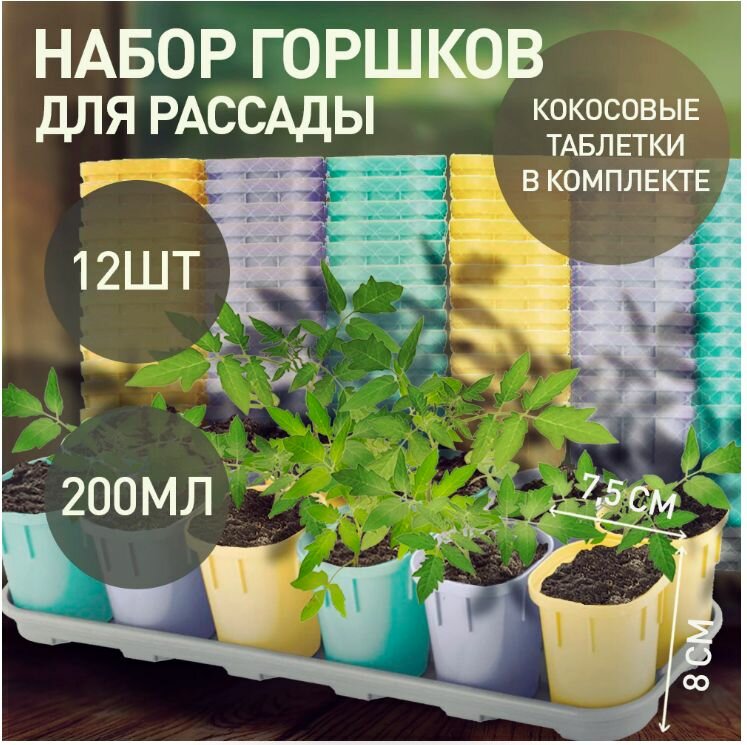 Горшки для рассады с поддоном и кокосовым субстратом inGreen 12 шт 7,5х7,5х8 см