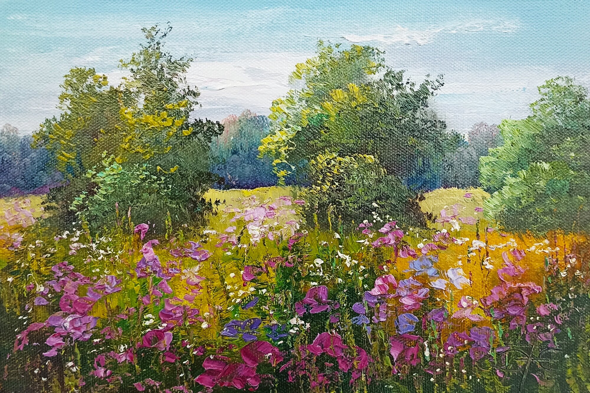 Серия Импрессионизм. Летний пейзаж с полевыми цветами. Картина маслом на холсте. 100% ручная работа, 100% живопись от Художественной Мастерской Грëзы. 20х30 см.