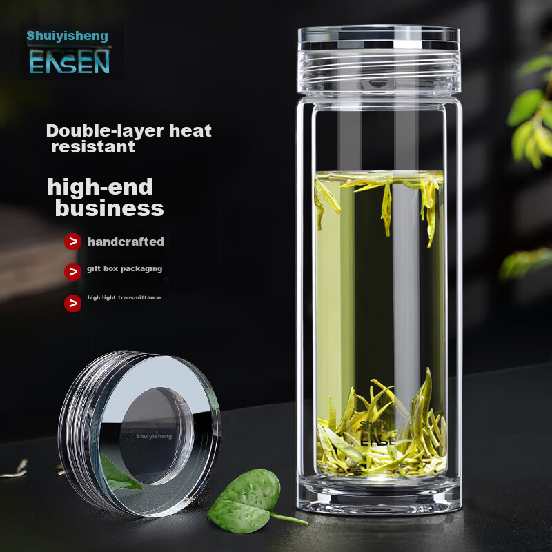 Shuishi Sheng Glass Cup, Double-Layer Water Cup, for Men And Women, Mildly Alkaline, High-End, Heat-Resistant Crystal Cup, Slightly Insulated, 380ml