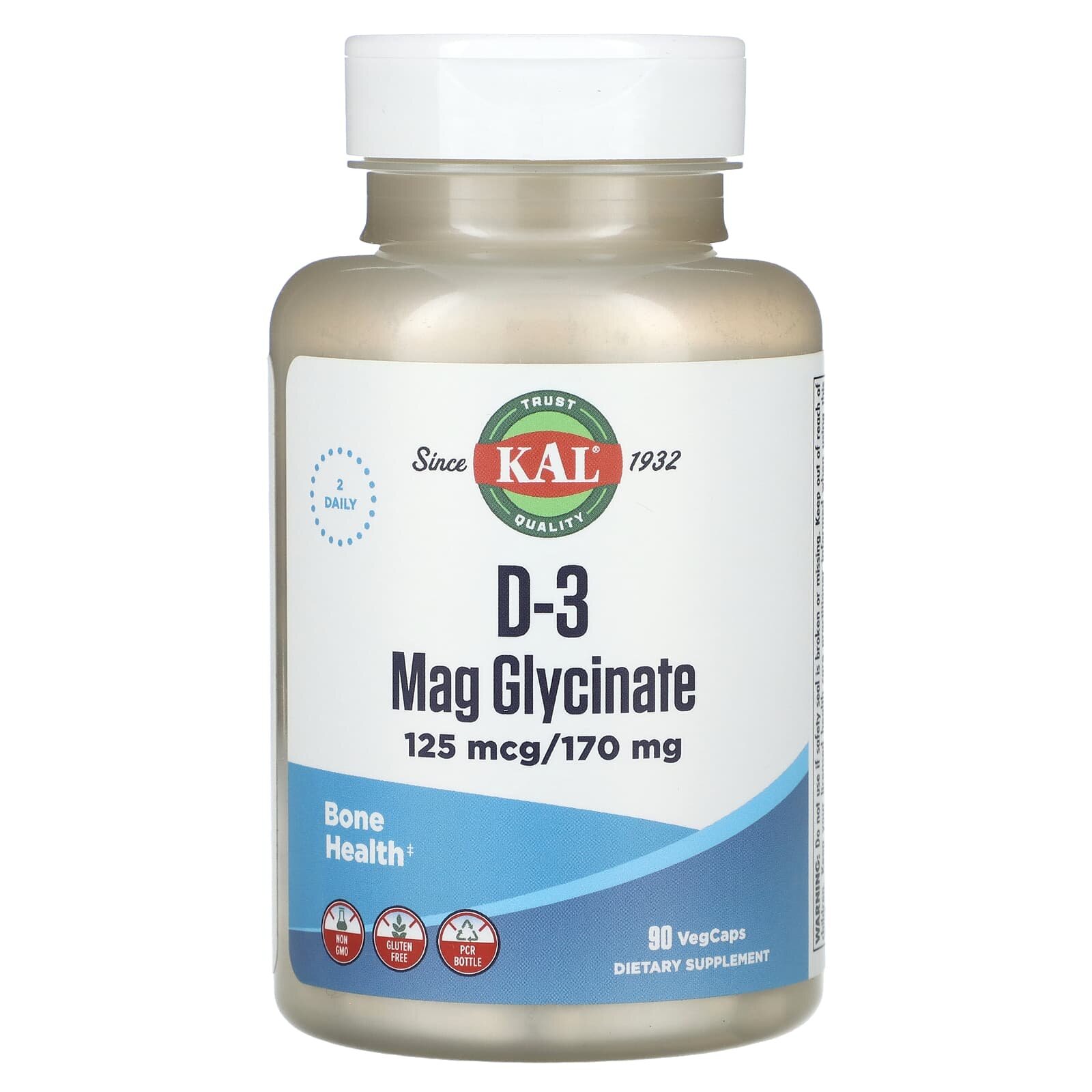 KAL, Magnesium Glycinate (170mg) + Vitamin D3 5000 ME (125 mcg), 90 растительных капсул