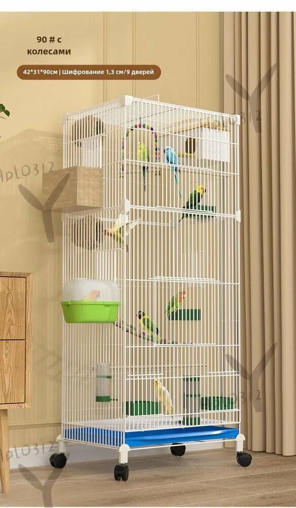 Большая клетка для птиц,42*31*100см, Девять дверей+Колесо подходит для попугаев и других мелких и средних птиц, белый цветwY