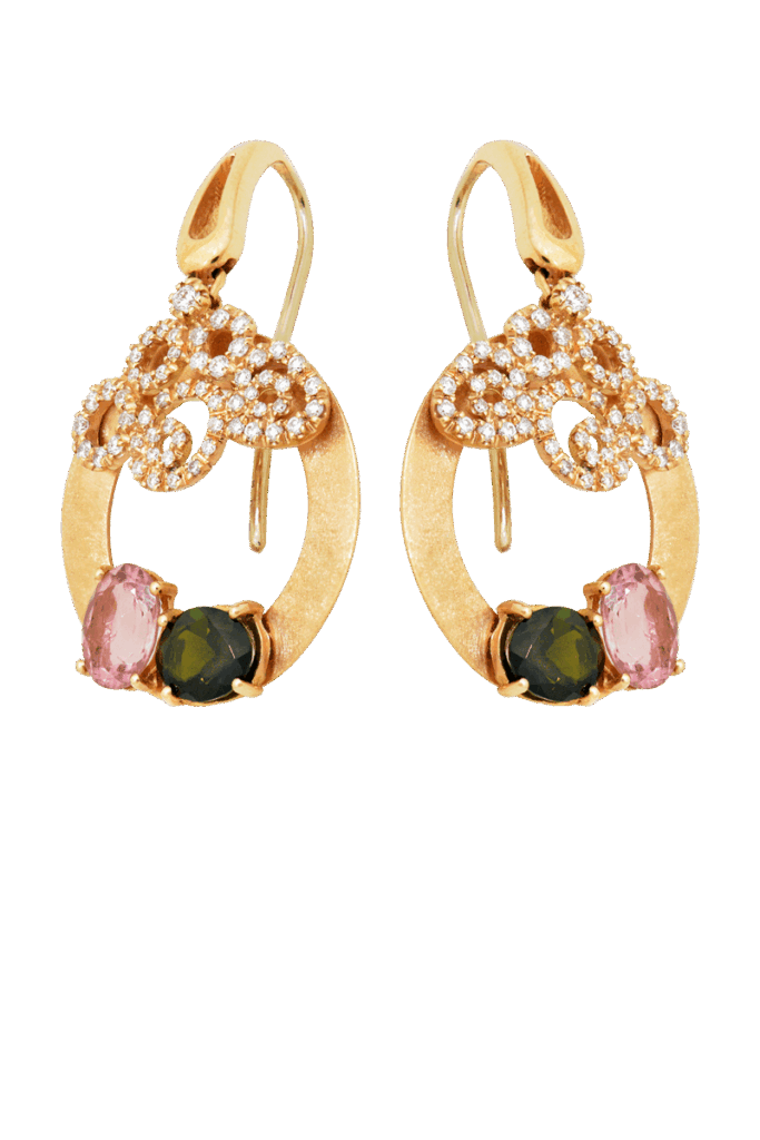 Серьги, желтое золото, 750 проба, бриллиант, турмалин, рубин