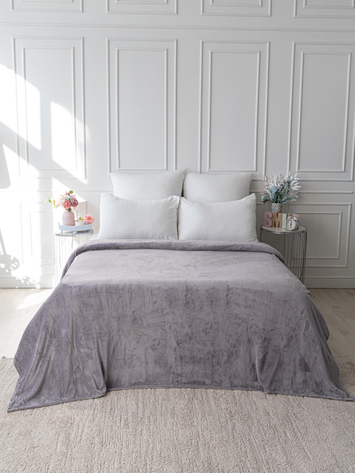 Плед 150х200 LOVEBERRY из велсофта плюшевый на диван однотонный, серый, подарок маме
