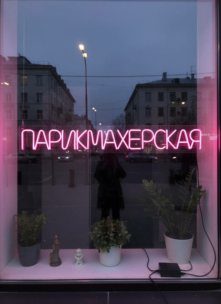 Неоновая вывеска Парикмахерская / надпись из неона / Размеры: 800х120 мм