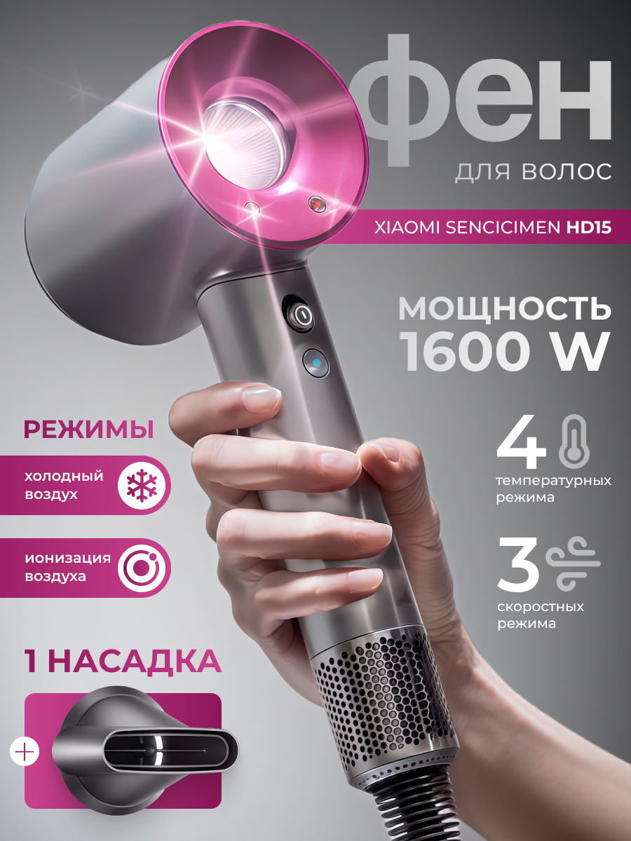 Фен для волос SenCiciMen Hair Dryer HD15 Pink (1 насадка)