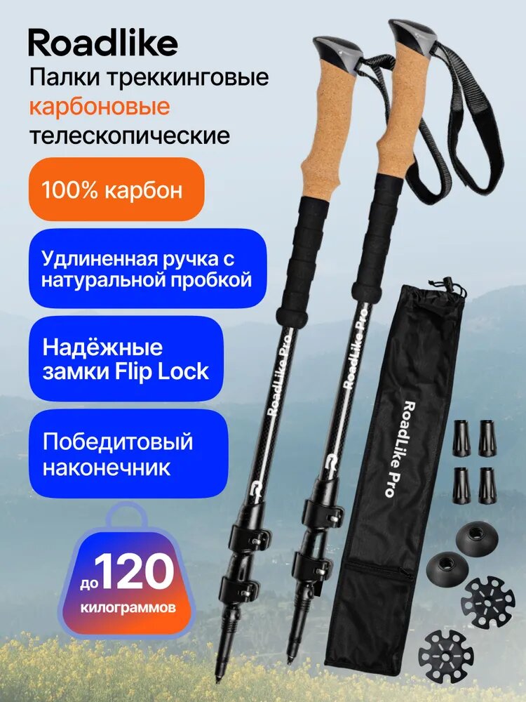 Треккинговые палки для гор телескопические Carbon Roadlike, черный