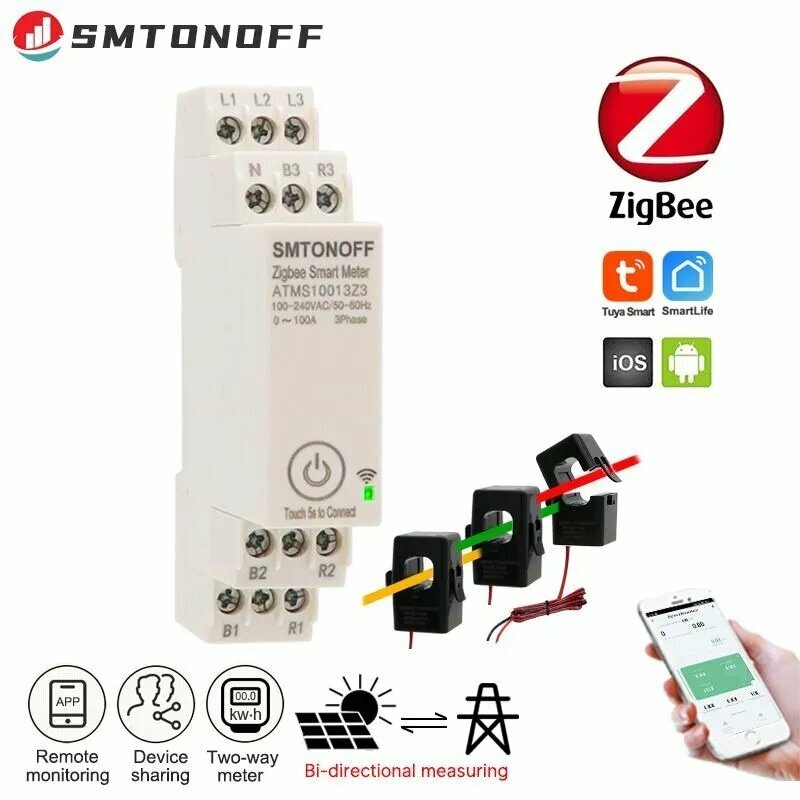 SMTONOFF Tuya Zigbee трехфазный умный двунаправленный счетчик с разделенным сердечником трансформатора тока 3P4W 1-100A