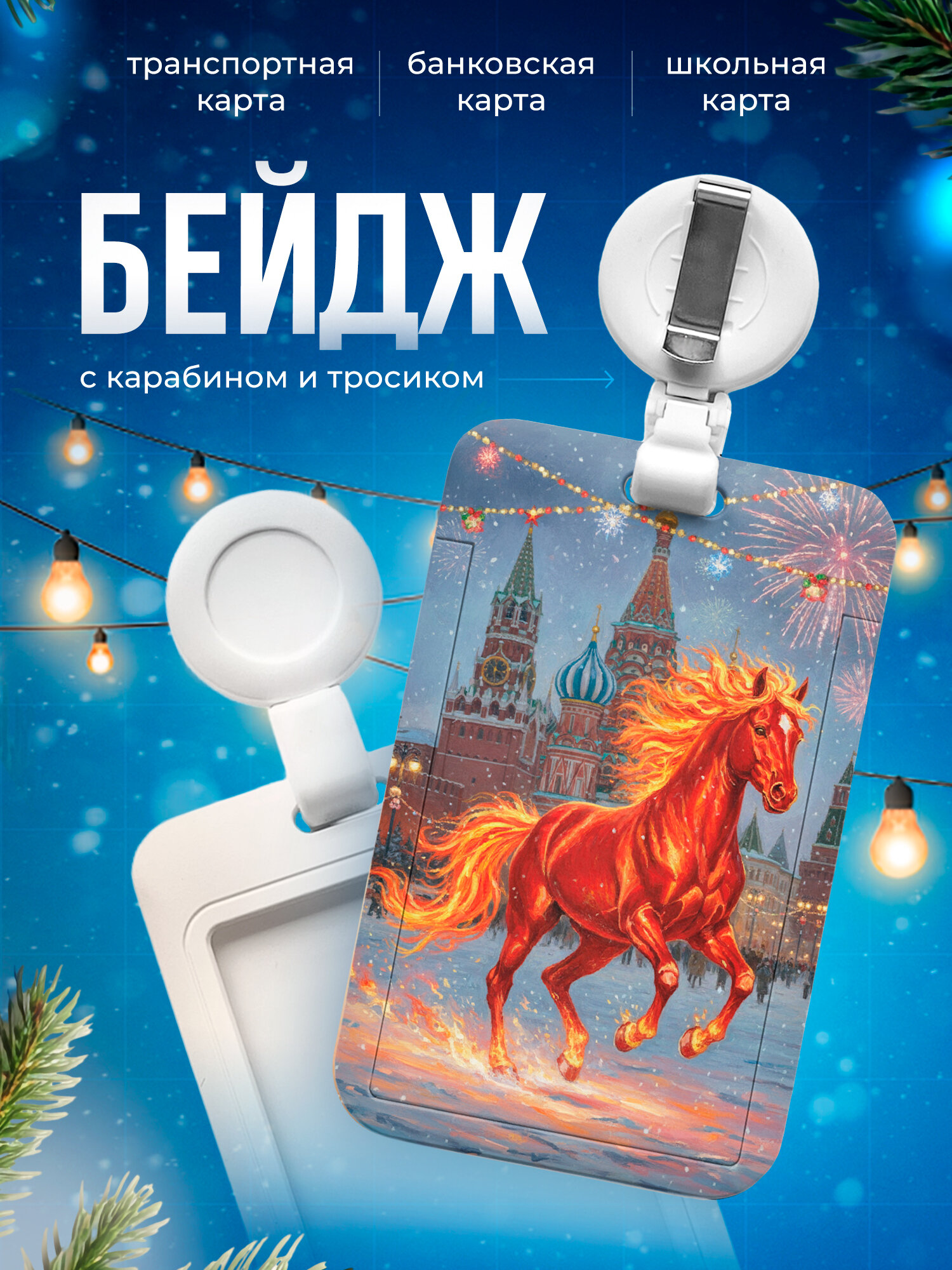 Бейдж с принтом, чехол для пропуска, с карабином и тросиком Красная лошадь 2026