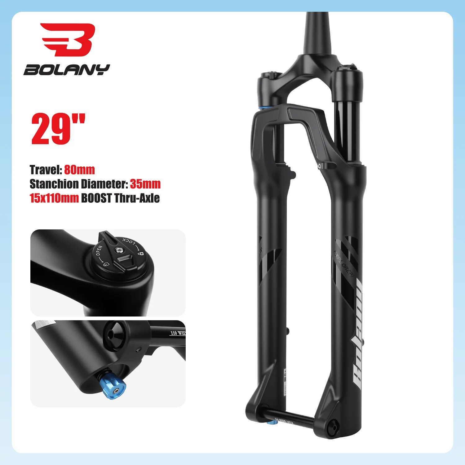BOLANY Вилка MTB 29" 80 мм, Stanchion Diameter 35mm, 15x110mm BOOST