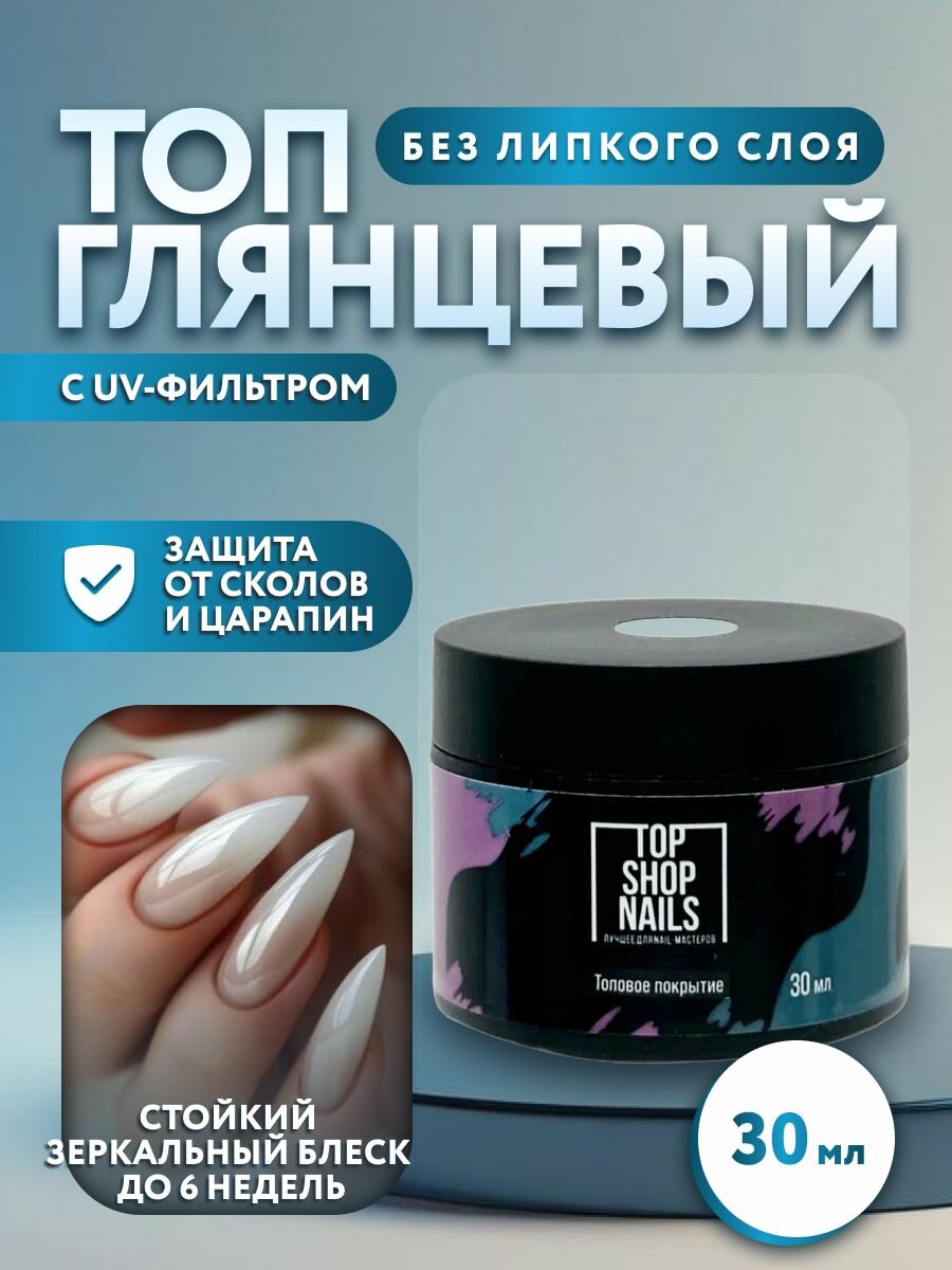 TopShopNails Топ глянцевый без липкого слоя, прозрачный, антивандальный, 30мл