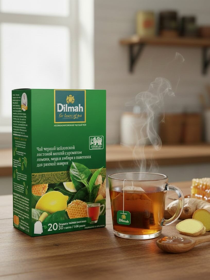 Чай черный Dilmah, в пакетиках "Лимон, мед, имбирь", 20 пак.