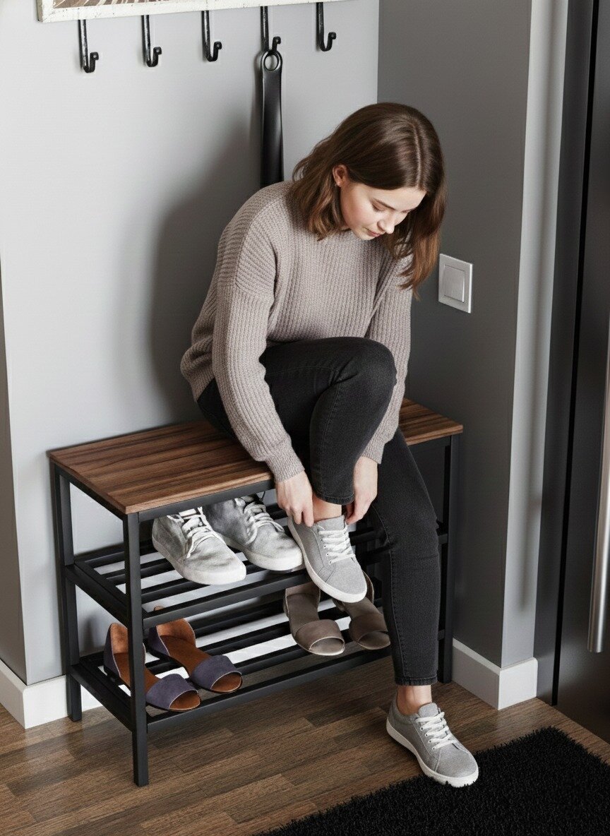 Обувница "IamLoft", металл, ЛДСП, ясень темный, с сиденьем, высота 53, ширина 69, глубина 29