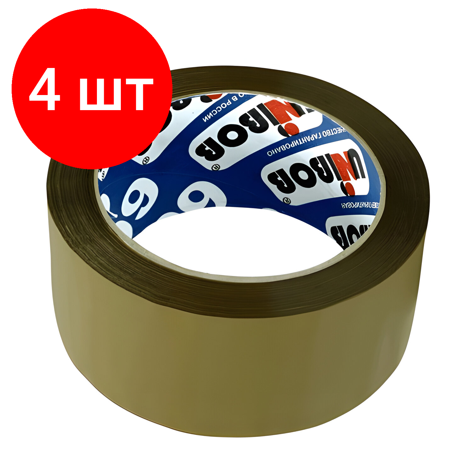 Комплект 4 шт, Клейкая лента упаковочная, 48 мм х 66 м, коричневая, толщина 45 микрон, UNIBOB 600, 29342