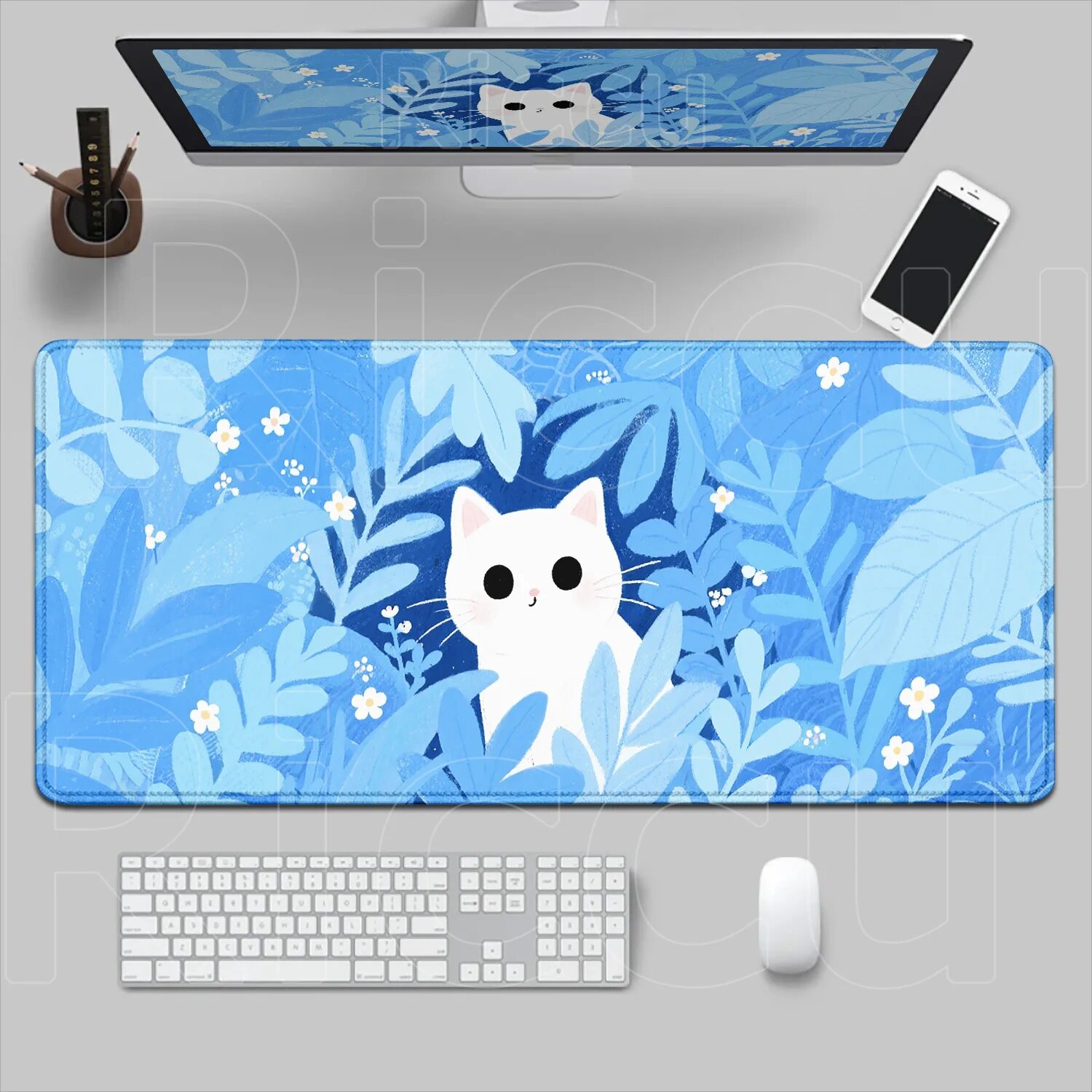 Большой размер, милый белый кот, растение, аниме, коврик для мыши, шкаф, настольный коврик, коврик для клавиатуры, игровой коврик для ПК, HD принт, компьютерный коврик для мыши