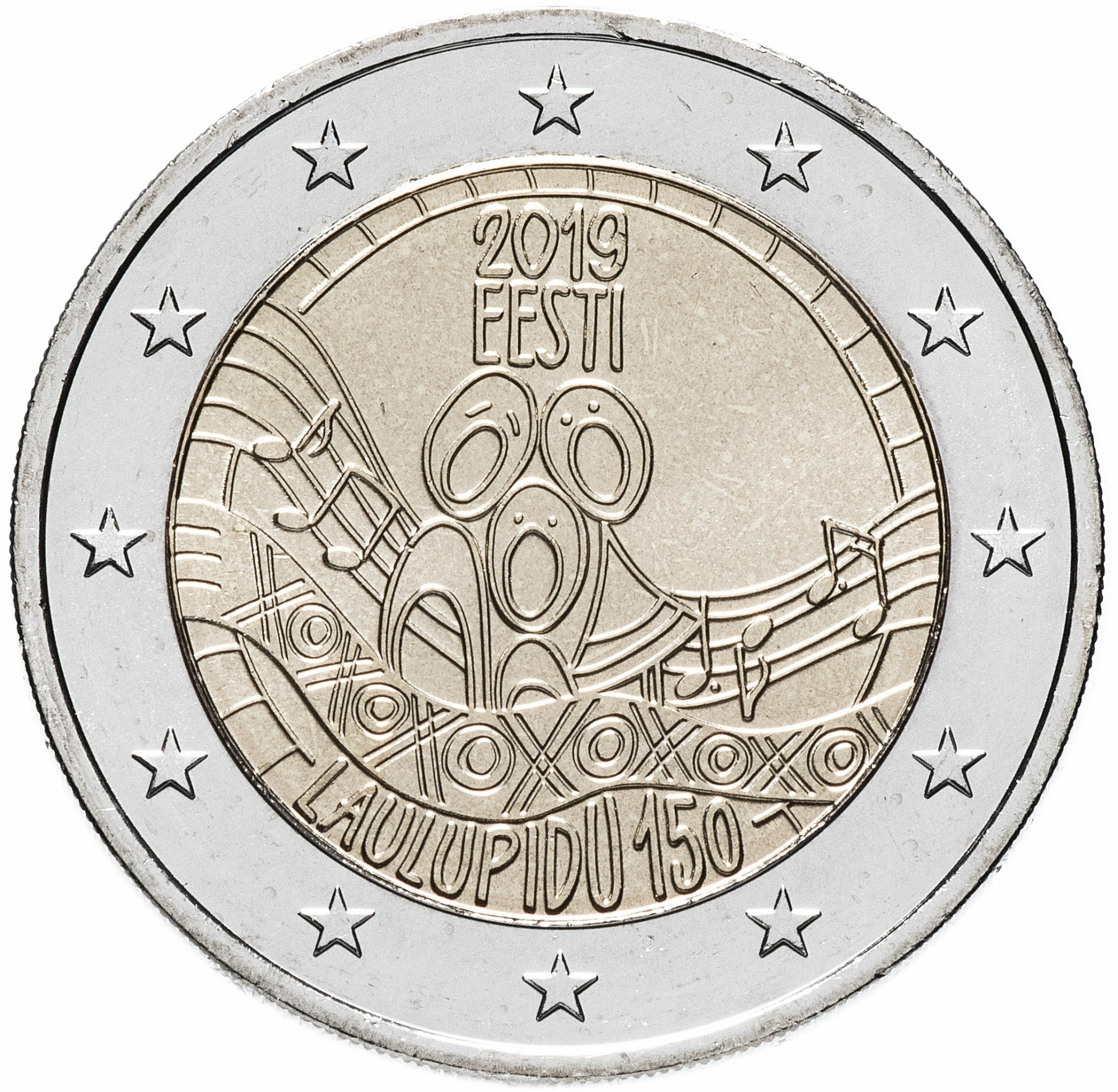 Эстония 2 евро 2019 "150-летие Фестиваля Песни", Биметалл, в сохранности UNC