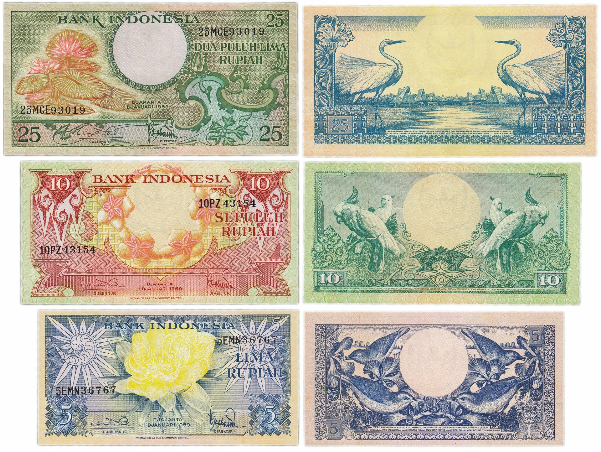Индонезия - набор 3 банкноты 5, 10, 25 рупий 1959 год серия "Цветы и птицы" Pick 65, 66, 67