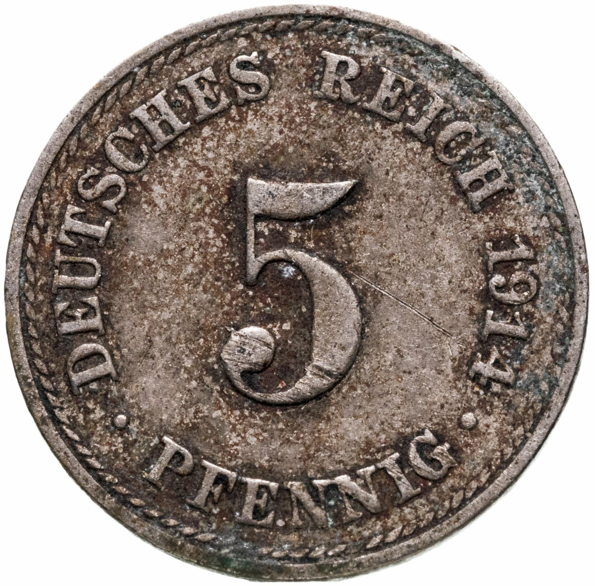 Германия 5 пфеннигов pfennig 1914 знак монетного двора: "A" - Берлин, Никель, в сохранности VF