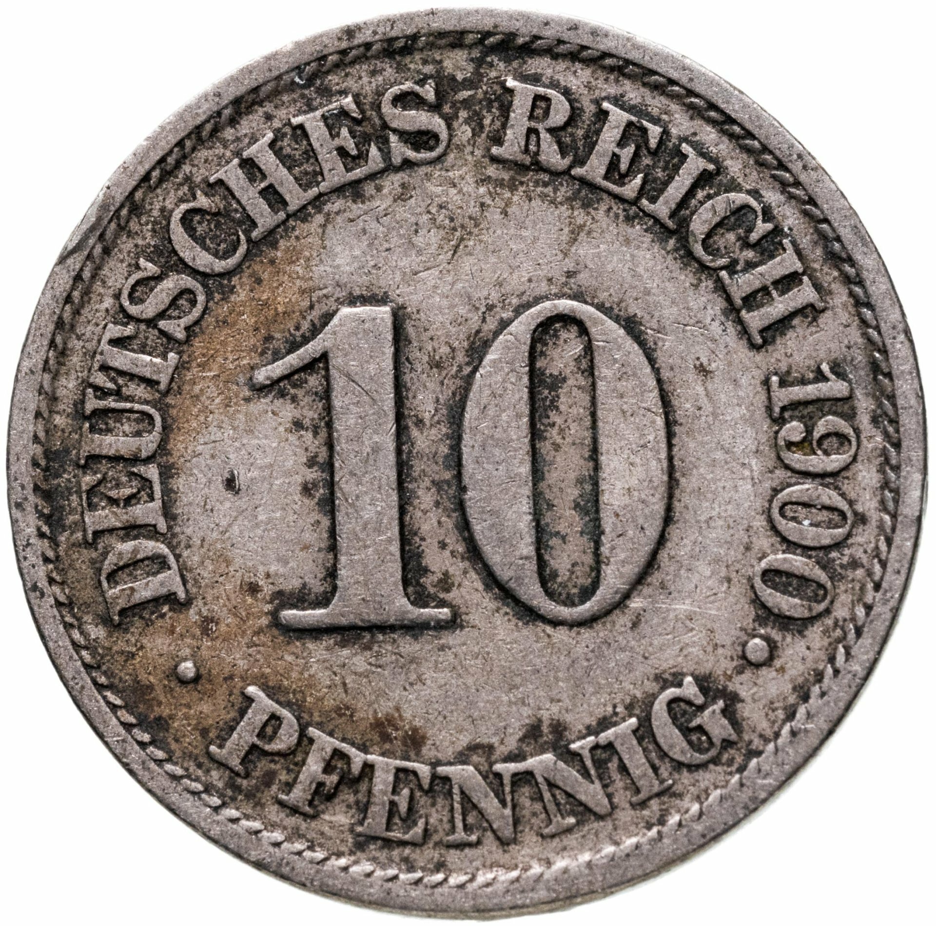 Германия 10 пфеннигов 1900 знак монетного двора: "A" - Берлин, Никель, в сохранности VF