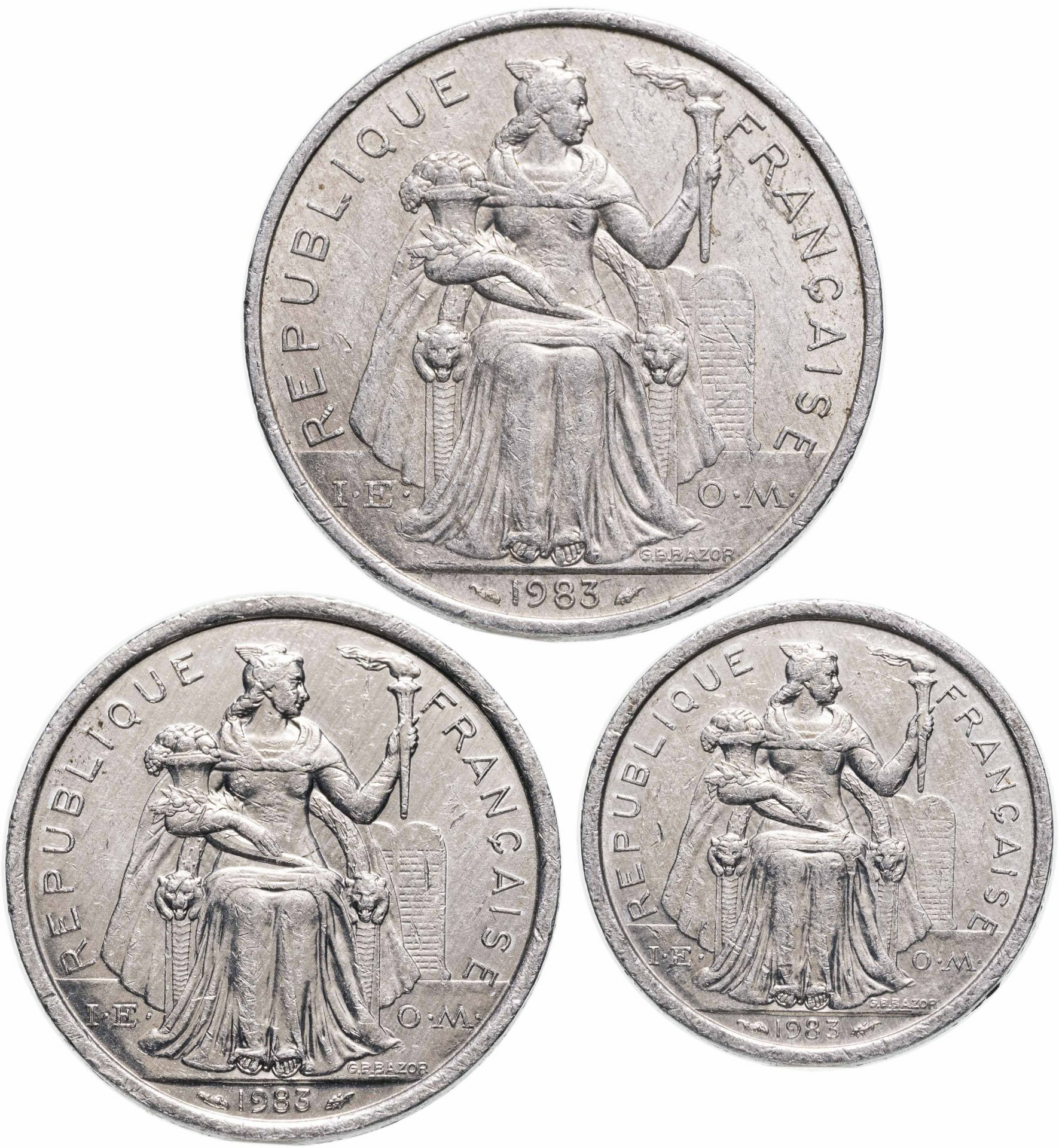Новая Каледония набор 1,2,5 франков 1983, Алюминий, в сохранности VF-XF