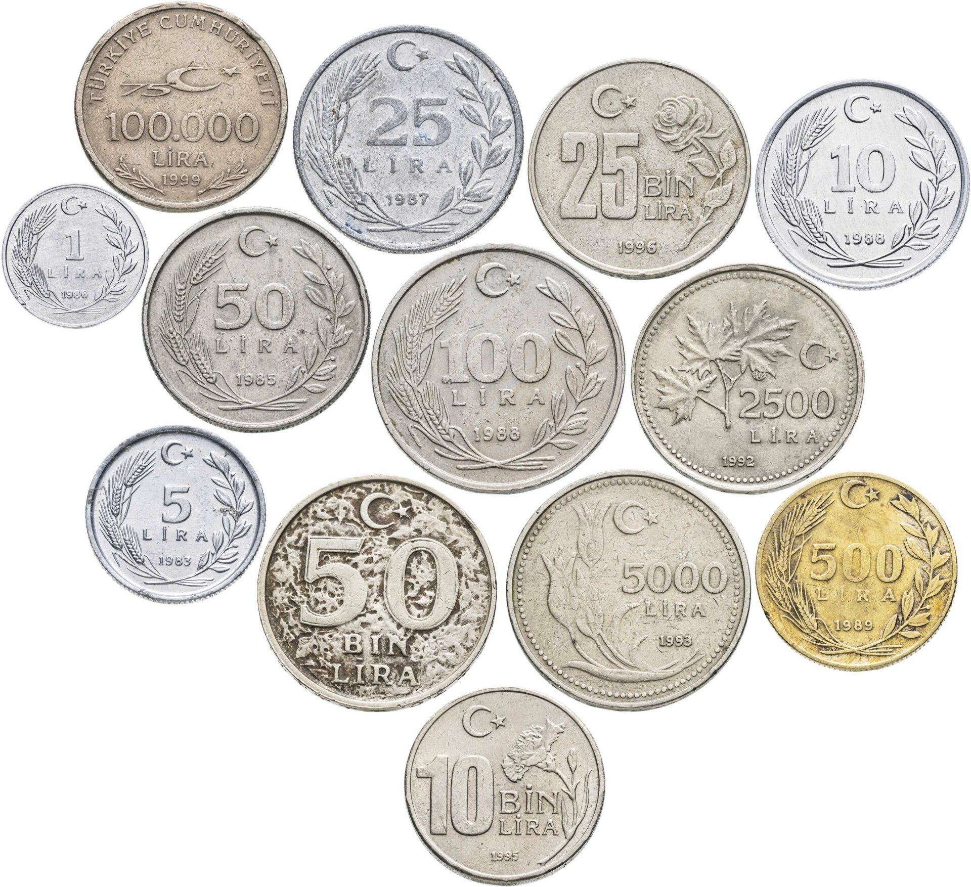 Турция набор 13 шт от 1 до 100 000 лир 1983-1999 гг, Различные сплавы, в сохранности VF-AU