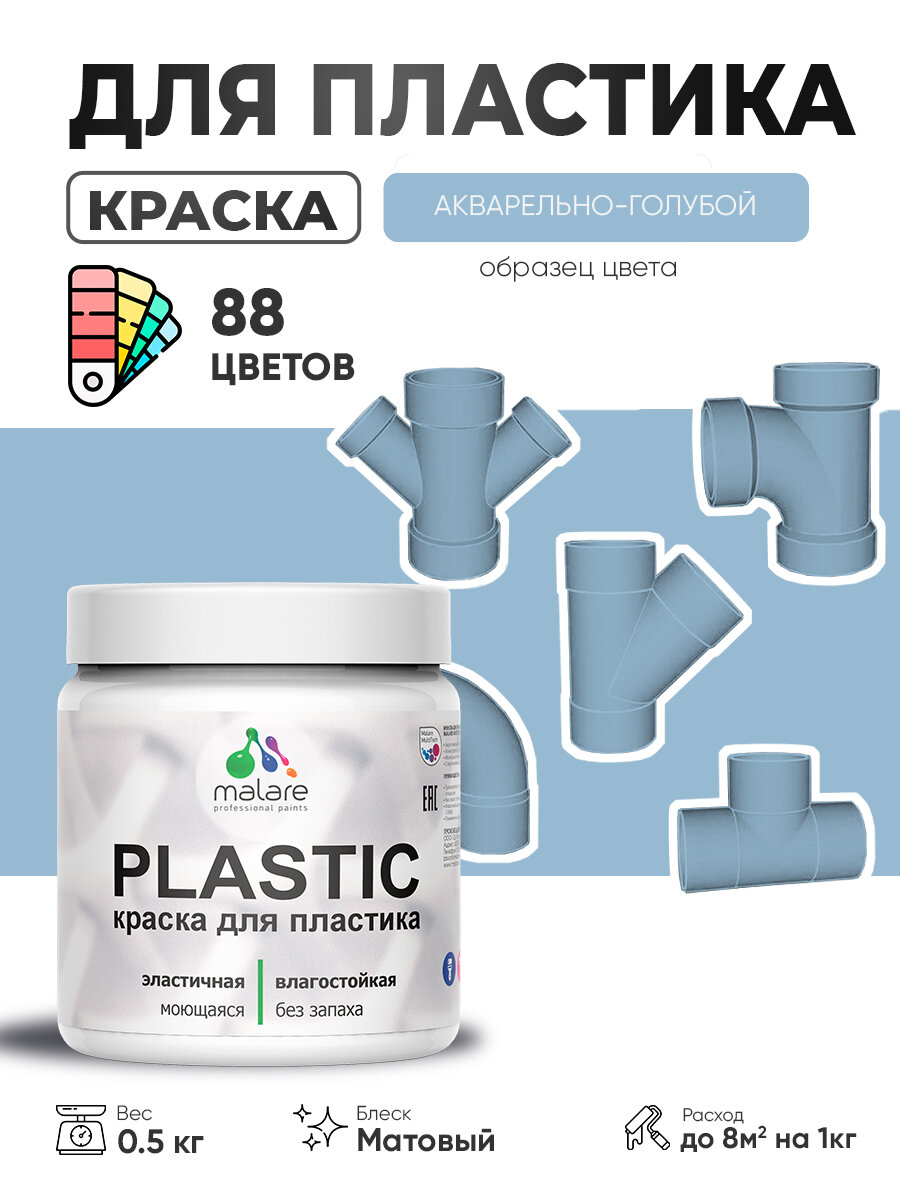 Акриловая краска для пластика Malare Plastic для пенопласта ПВХ сайдинга, для подоконников и откосов, быстросохнущая без запаха, матовая, акварельно-голубой, 0.5 кг