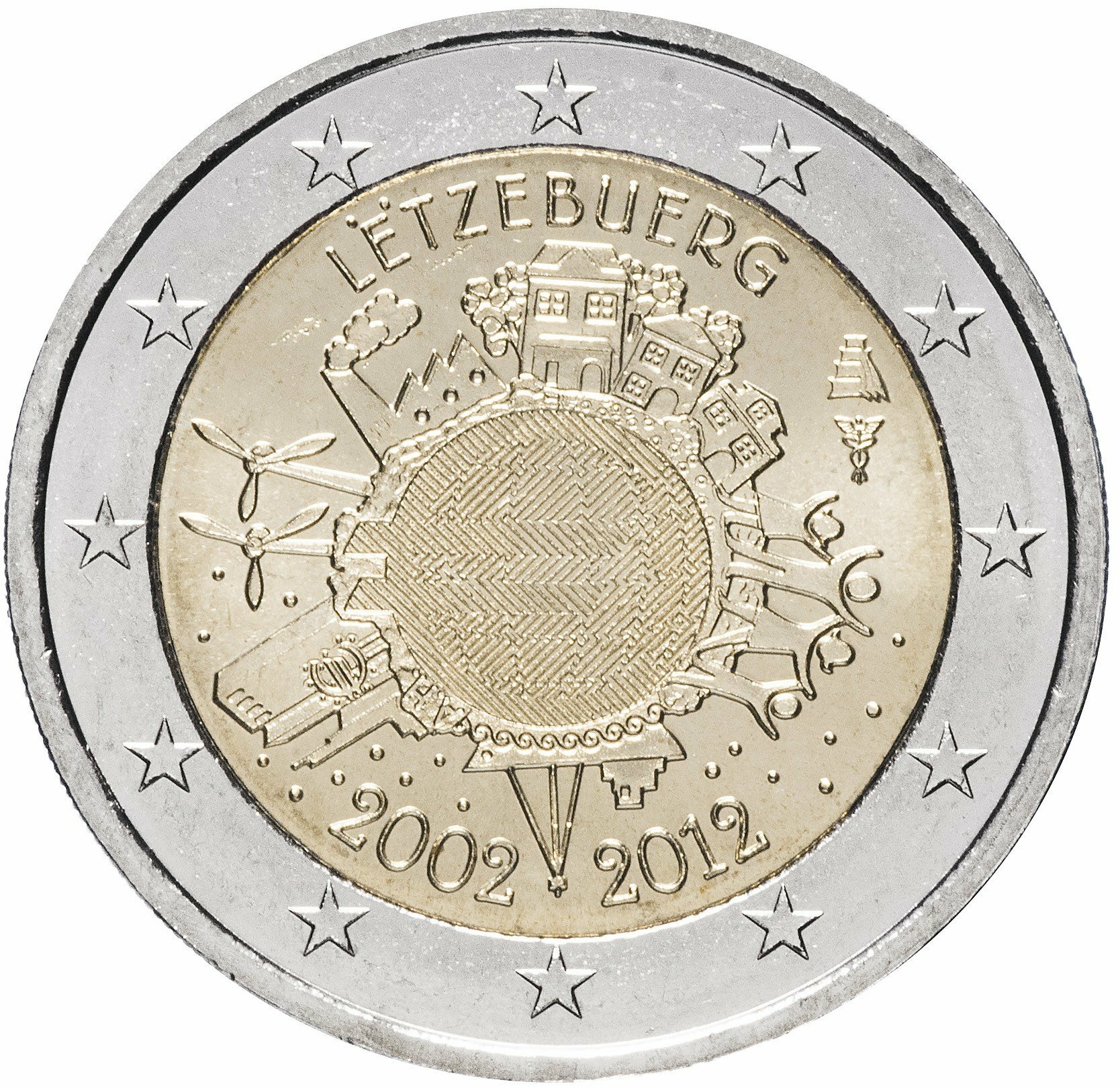 Люксембург 2 евро 2012 "10 лет евро", Биметалл, в сохранности UNC