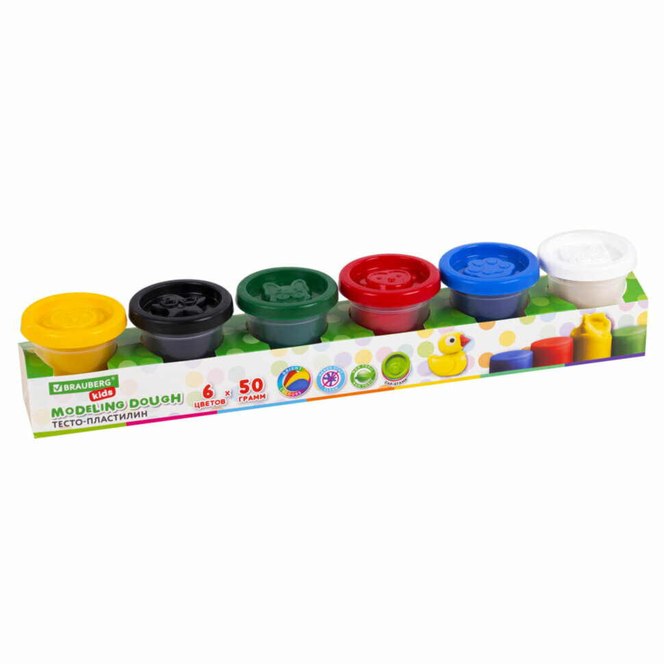 Пластилин-тесто для лепки BRAUBERG KIDS, 6 цветов, 300 г, яркие классические цвета, крышки-штампики, 106718, 106718