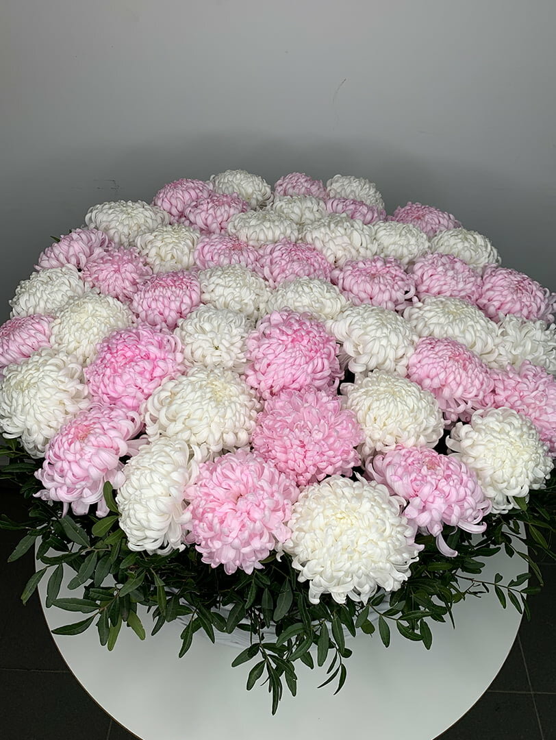 Букет из хризантем 45 штук микс, розово-белые, премиум букет, шикарный букет в корзине