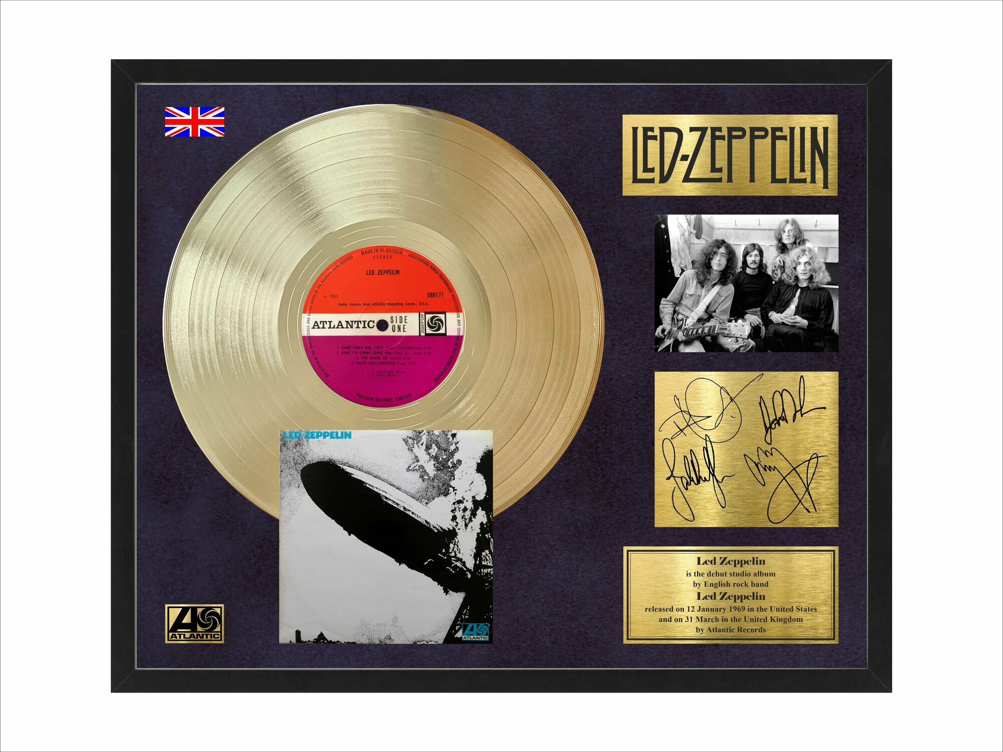 Led Zeppelin золотой винил в рамке и автографы музыкантов