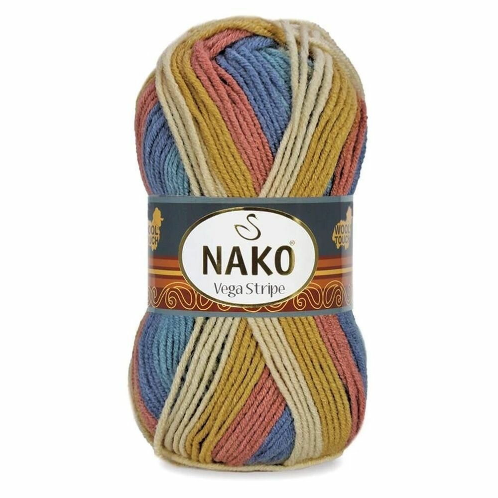 Пряжа Vega Stripe, Nako, коралл/горчица/джинс - 83602, 100% аркил, 5 мотков, 100 г, 195 м.