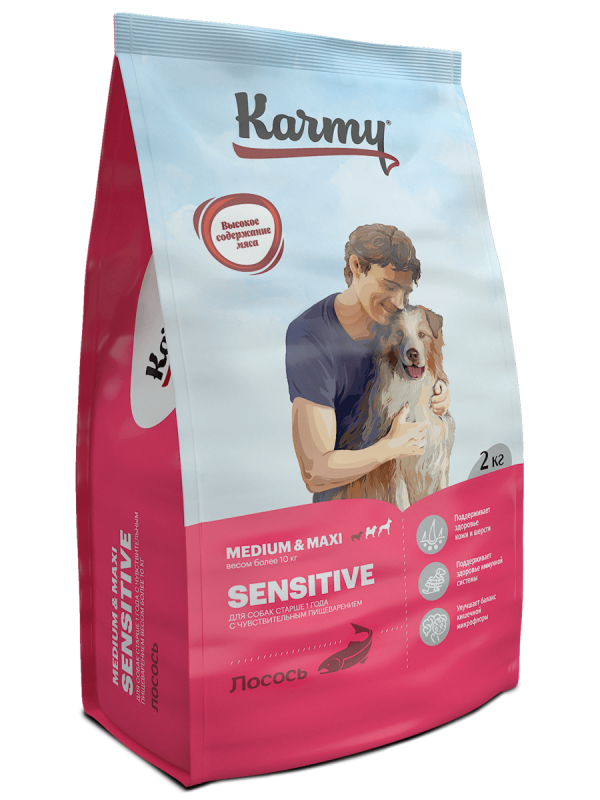 Karmy Medium&Maxi Sensitive Полнорационный сухой корм для собак средних и крупных пород старше 1 года, с чувствительным пищеварением, с лососем, 2 кг