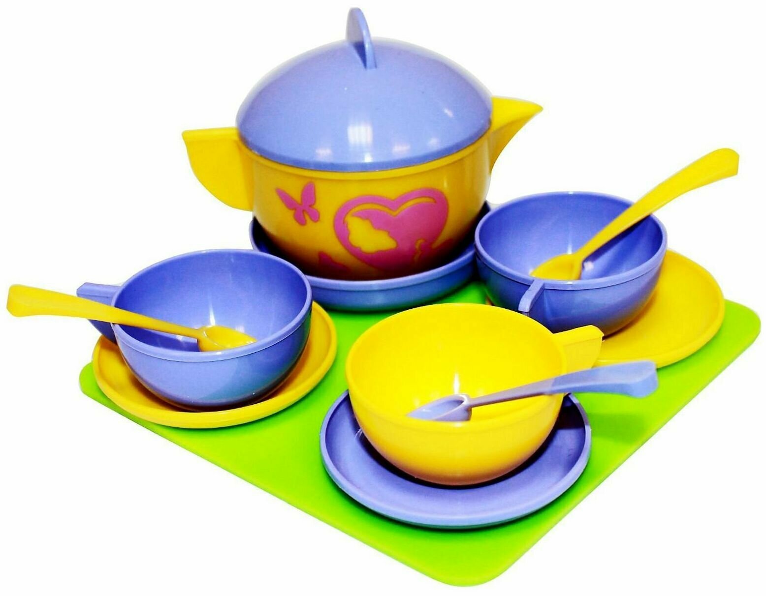 Детская игрушечная пластиковая посуда "Чайное трио", сюжетно-ролевой набор кухонной посудки для малышей, 12 элементов