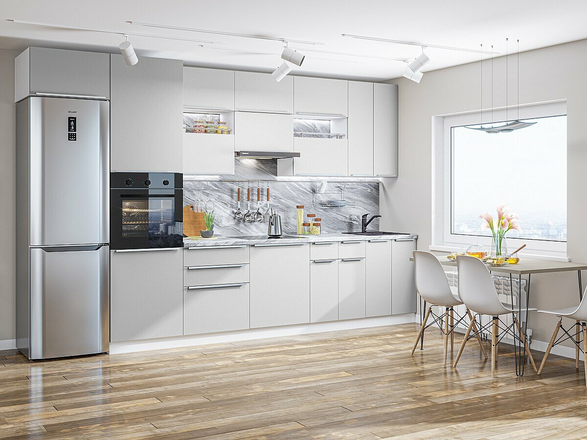 Кухня Фьюжн-01, цвет фасада Silky Light Grey, цвет каркаса Белый, 2340*3600*600 мм
