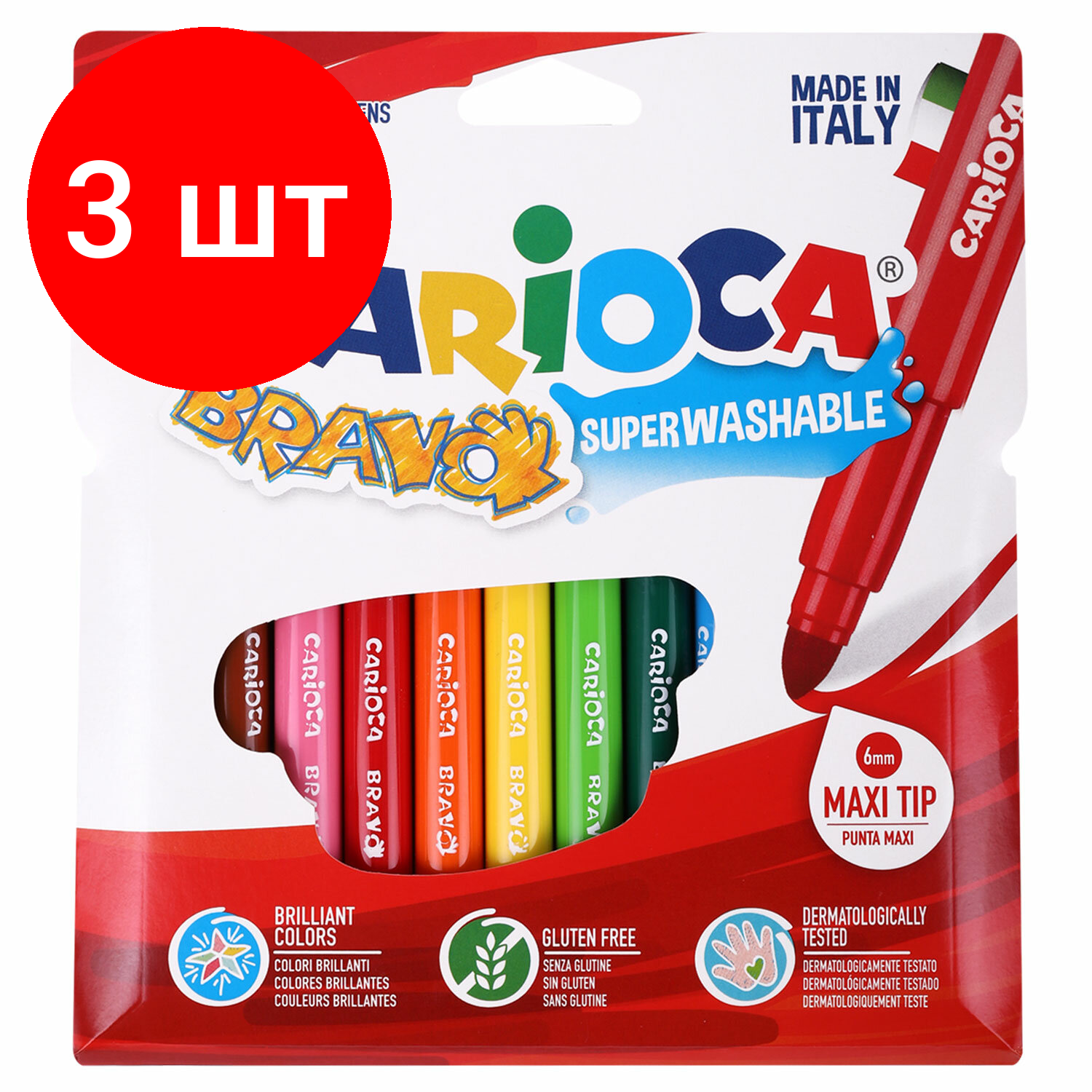Комплект 3 шт, Фломастеры утолщенные CARIOCA"Bravo", 12 цветов, суперсмываемые, 42755