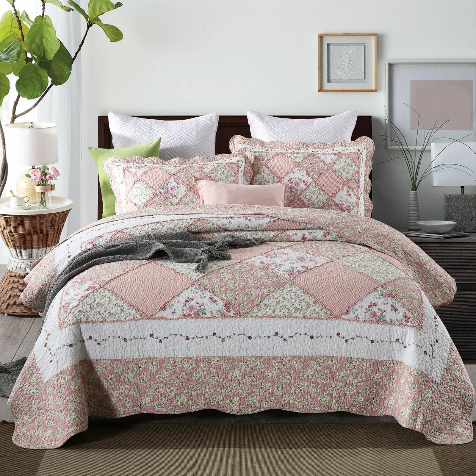 Покрывало на кровать AiWinsure Стеганое хлопчатобумажное лоскутное одеяло в стиле пэчворк с 2 наволочками легкий цветочный узор ручной работы -jua