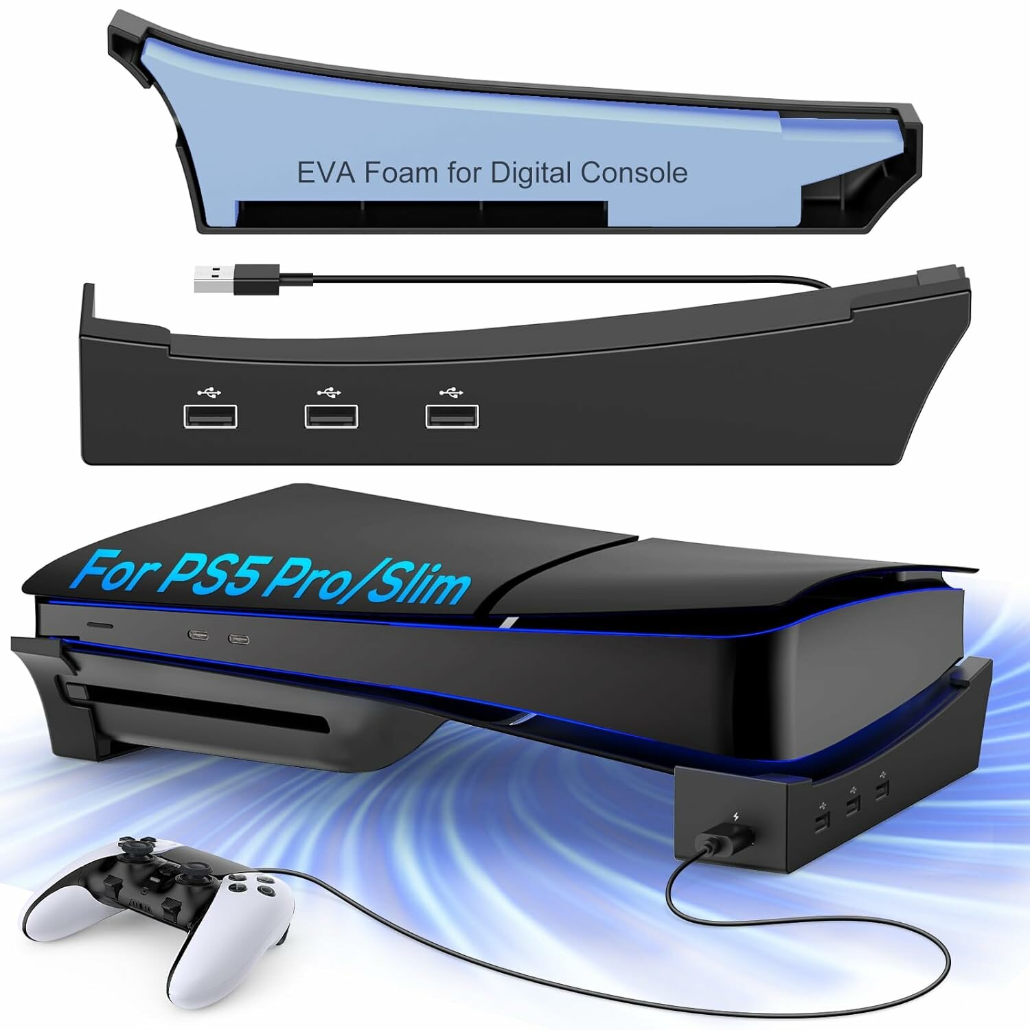 Горизонтальная подставка для консолей PS5 Slim/PS5 Pro с 4 USB-портами, держатель для PlayStation 5 Slim/Pro, USB 2.0 для данных и зарядки