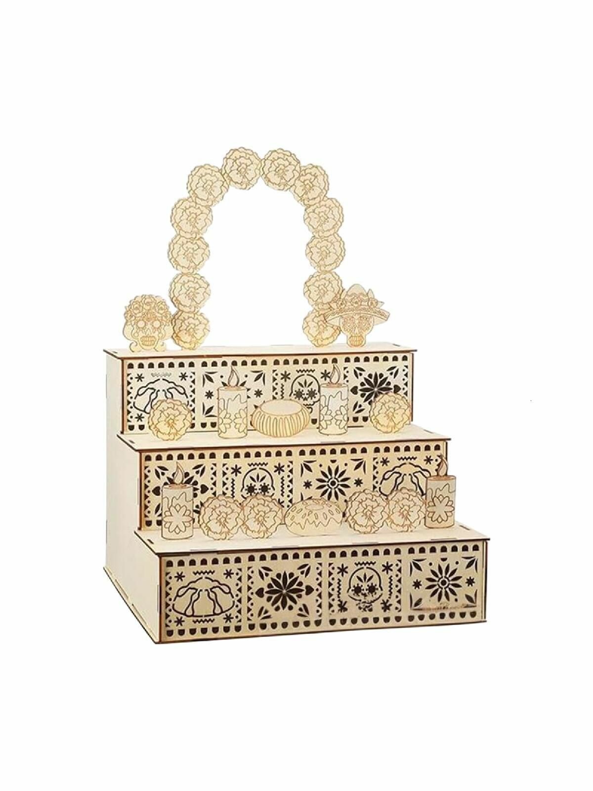 Статуэтка, Мексиканский деревянный алтарь-Теневой ящик памяти Фестиваля мертвых - не окрашен, как показано на рисунке