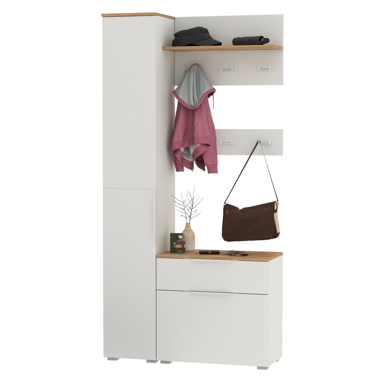 Обувница с пеналом для одежды и двумя вешалками Моби Октава цвет белый/дуб крафт золотой, 97,1х35,4х197,6 см