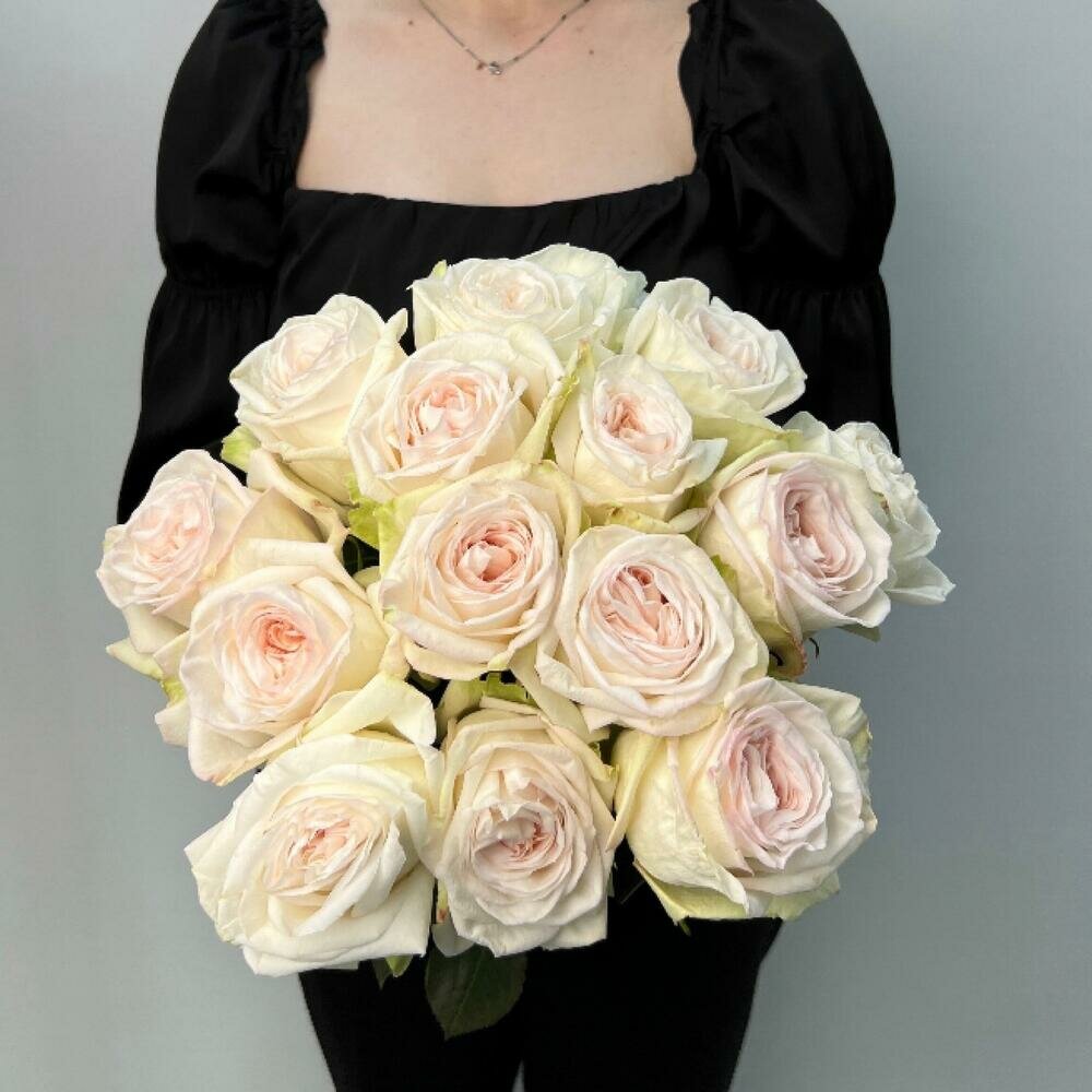 Монобукет Protea "Пионовидные Розы", 15 роз, высота 50см, аквабокс, бант Роза White o Hara