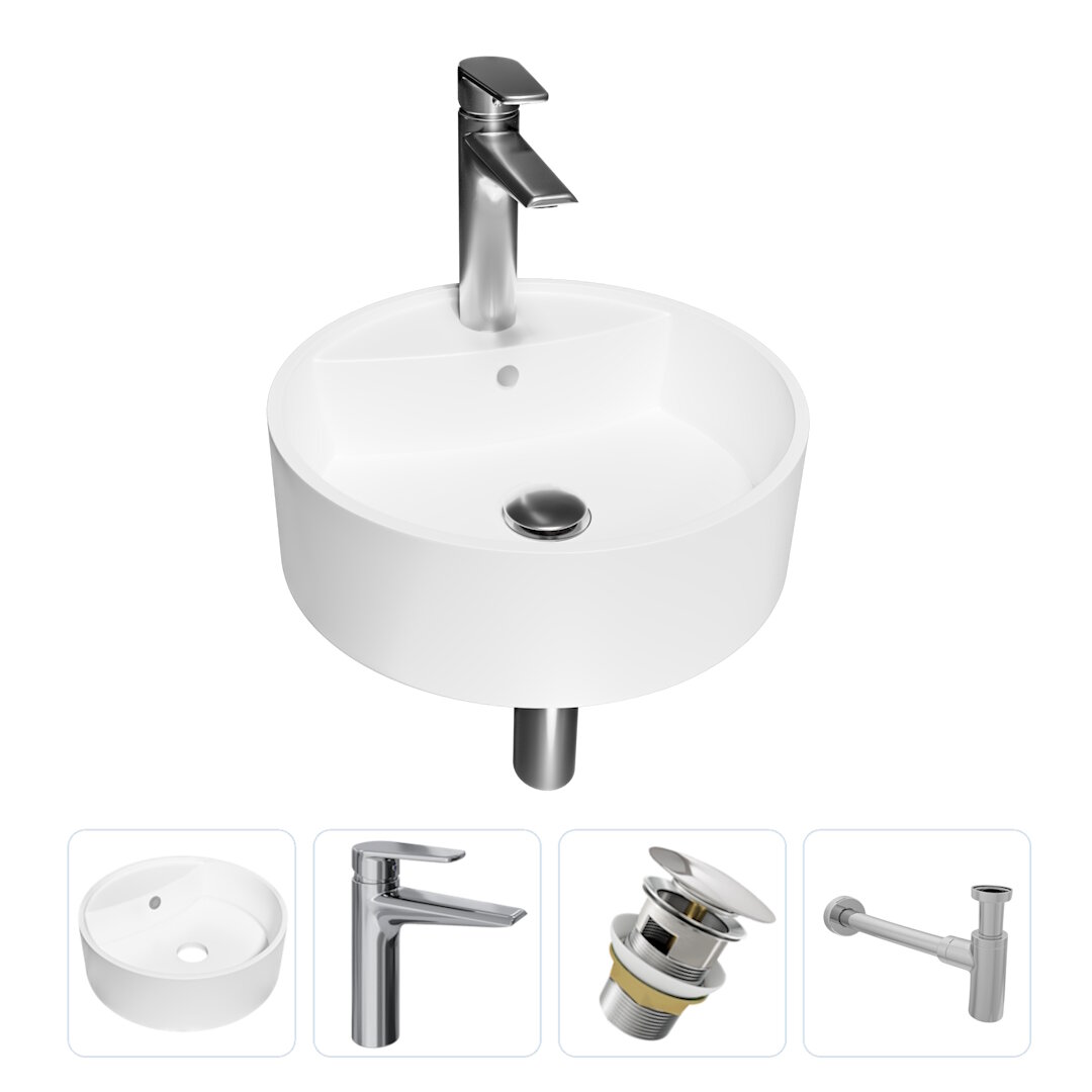 Раковина накладная для ванной Teymi Lina S D40 в комплекте смеситель хром донный клапан клик-клак с переливом хром и сифон хром F13169