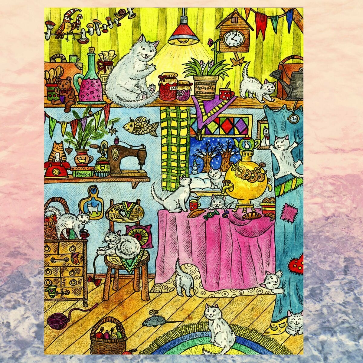 Открытка Белые котики в избушке Открытка с Новым годом и Рождеством поздравительная с конвертом