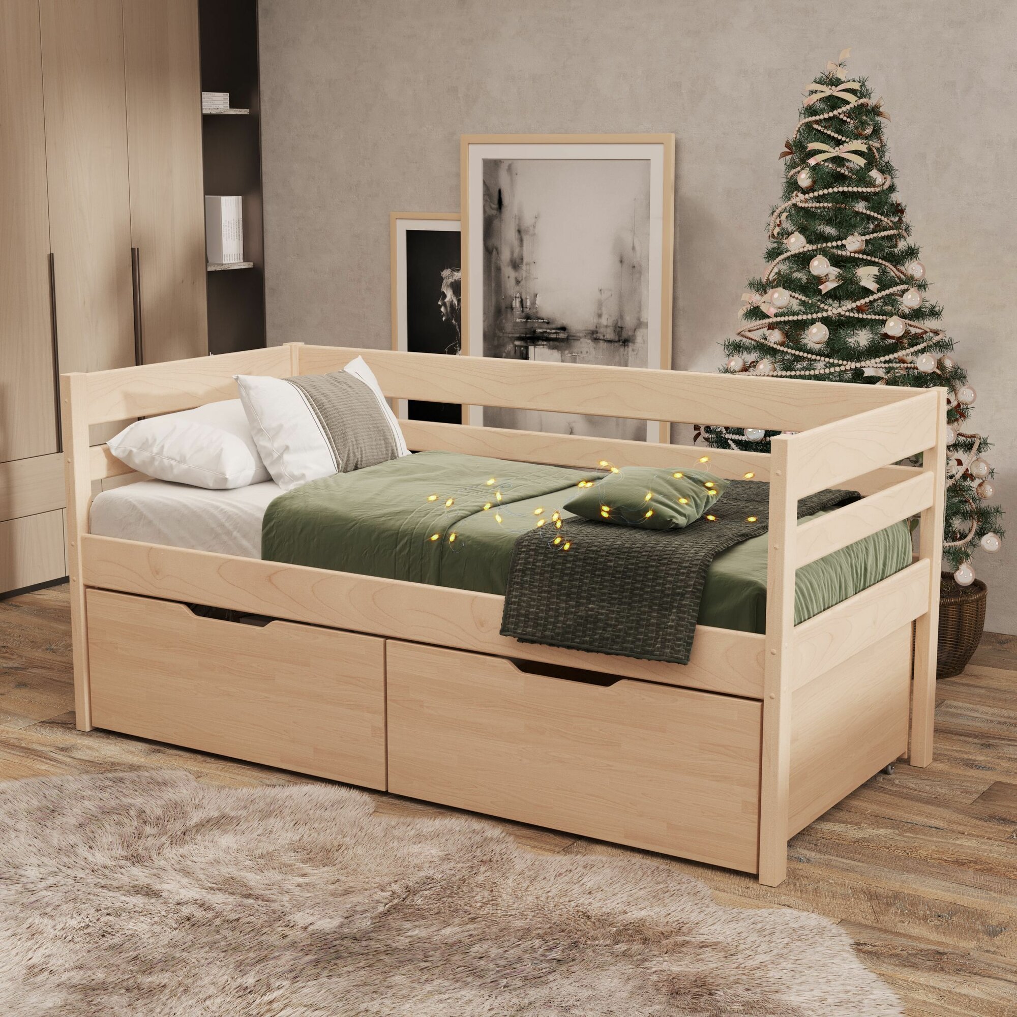 Кровать-тахта односпальная с ящиками, высокая, 90х200 см, Hansales, деревянная, из массива березы, с тремя спинками