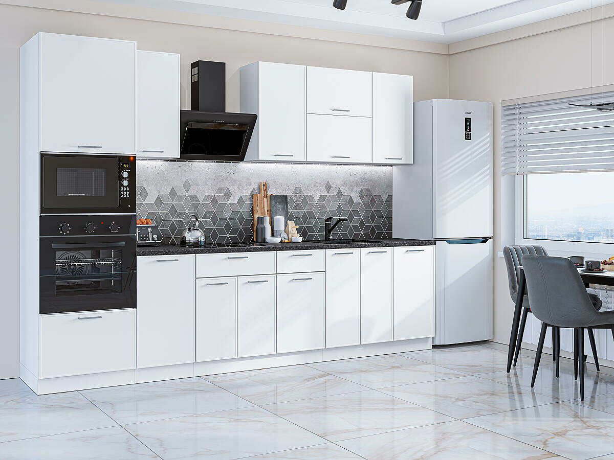 Кухня Квадро-01, цвет фасада Белый, цвет каркаса Белый, 2140*3000*600 мм