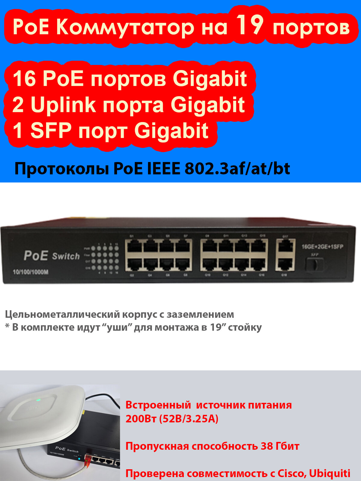 PoE Коммутатор 19 портов 1 Gbit (Гигабитный) 30316GE