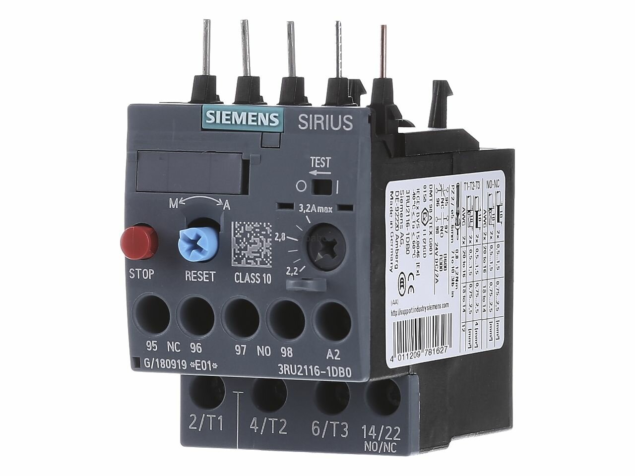 Тепловое реле перегрузки Siemens 3RU2116-1DB0 2,2–3,2 А 4011209781627